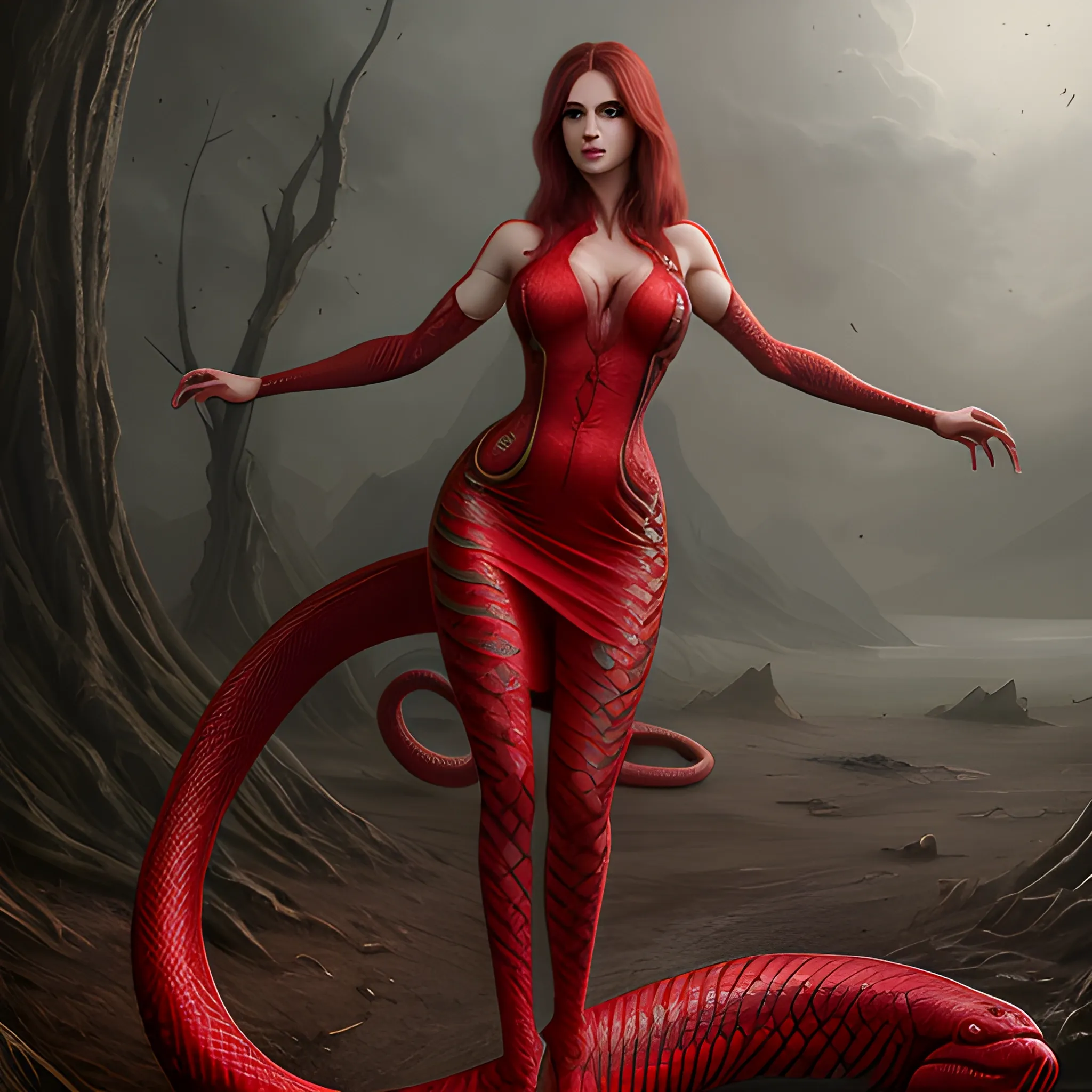 Half Snake Half Human Leg Change Snake Body Red Dress Fantasy