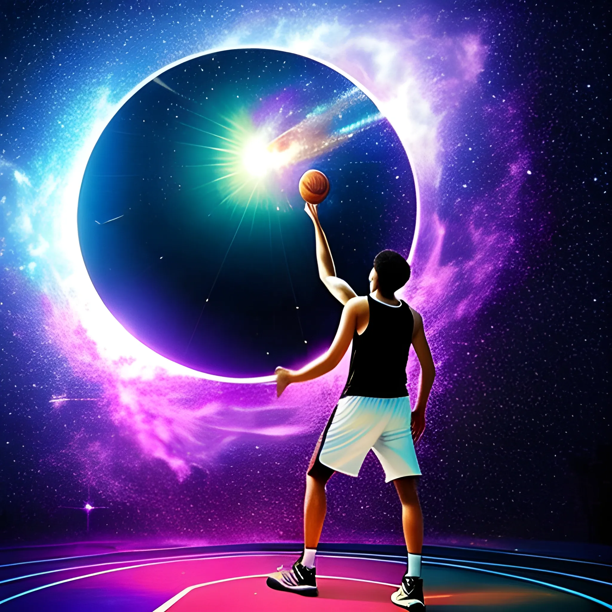 A PLAYER FROM THE BACK SHOTS A BASKETBALL HOOP IN SPACE WITH A