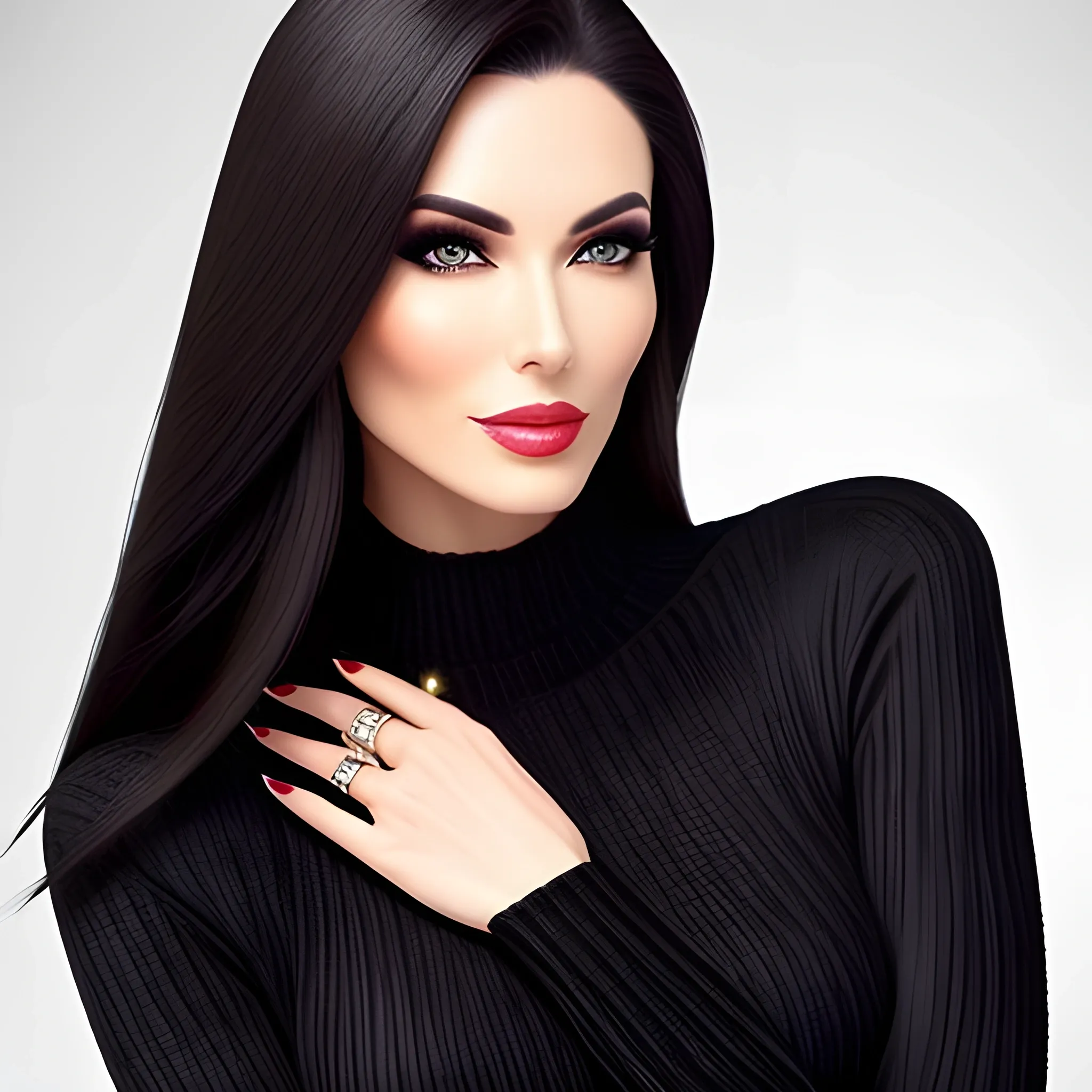 Beautiful girl in dynamic pose, dark straight hair with side com ...