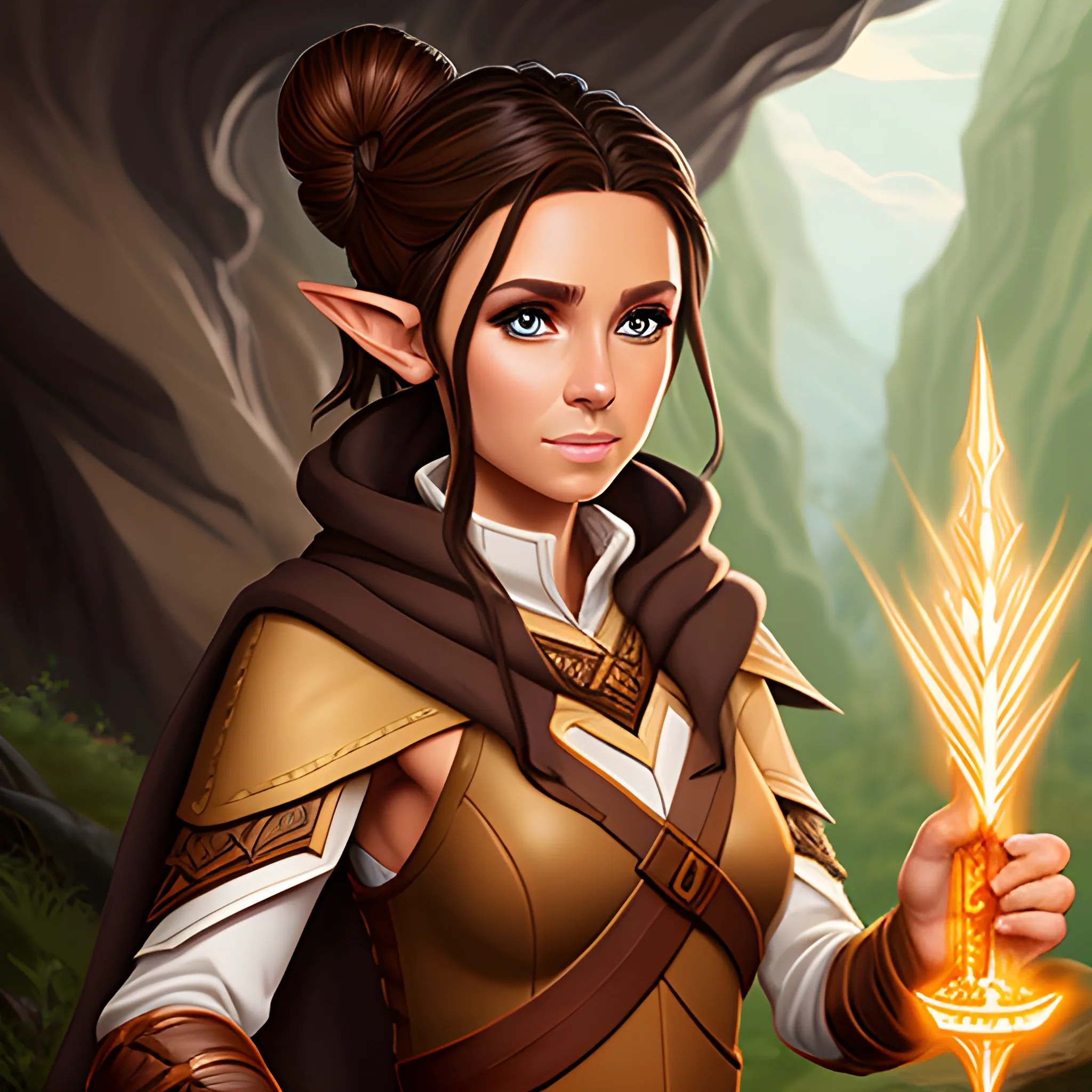 Tan Skin Dark Brown Hair Hazel Eyes Female Wood Elf Wizard