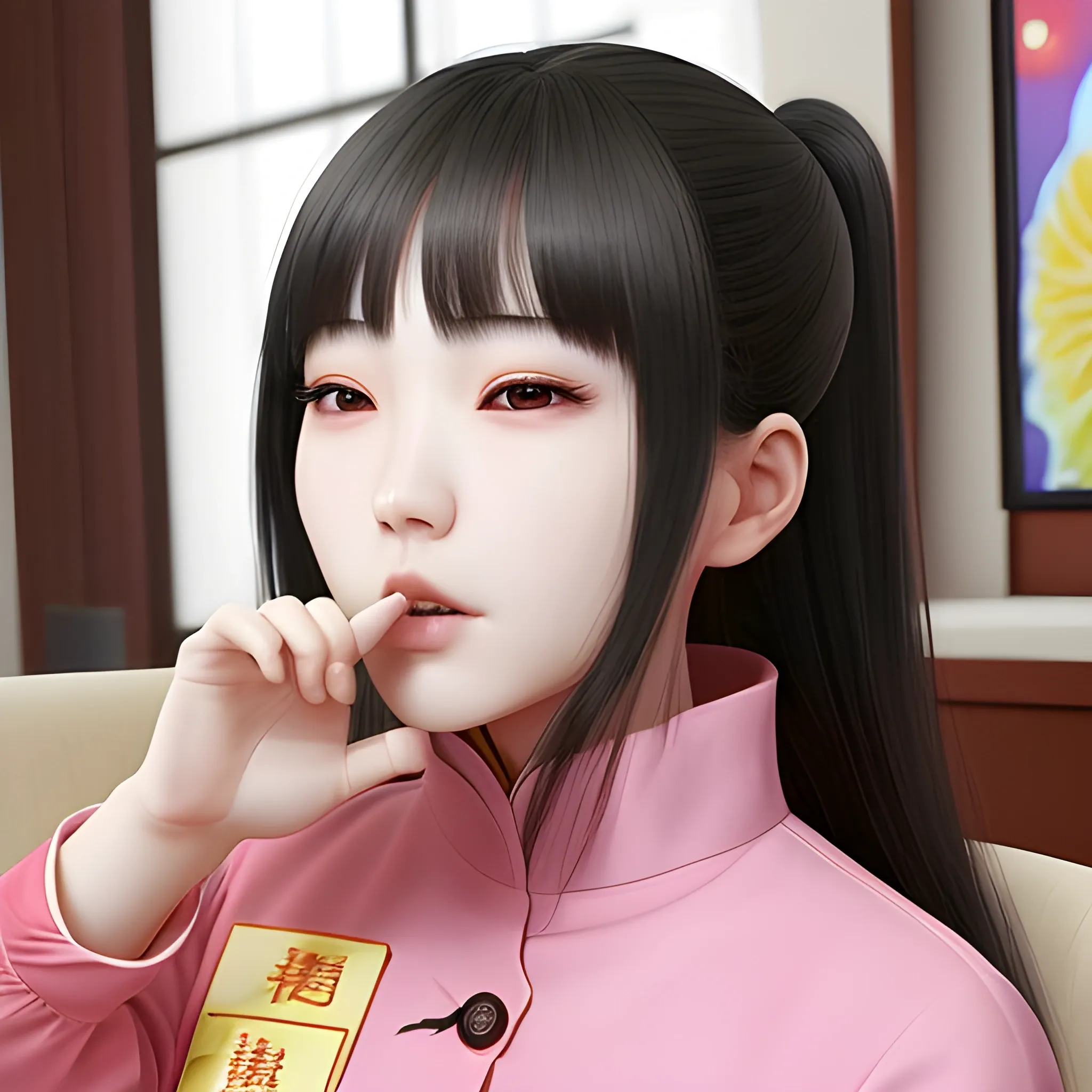 欧美女孩，16岁，小背心，体操小短裤，浓密空气刘海，蓝色束带扎成蓬松双马尾，精致的白皙脸蛋，在纯白的室内做各种瑜伽动作，体型曲线 Arthubai
