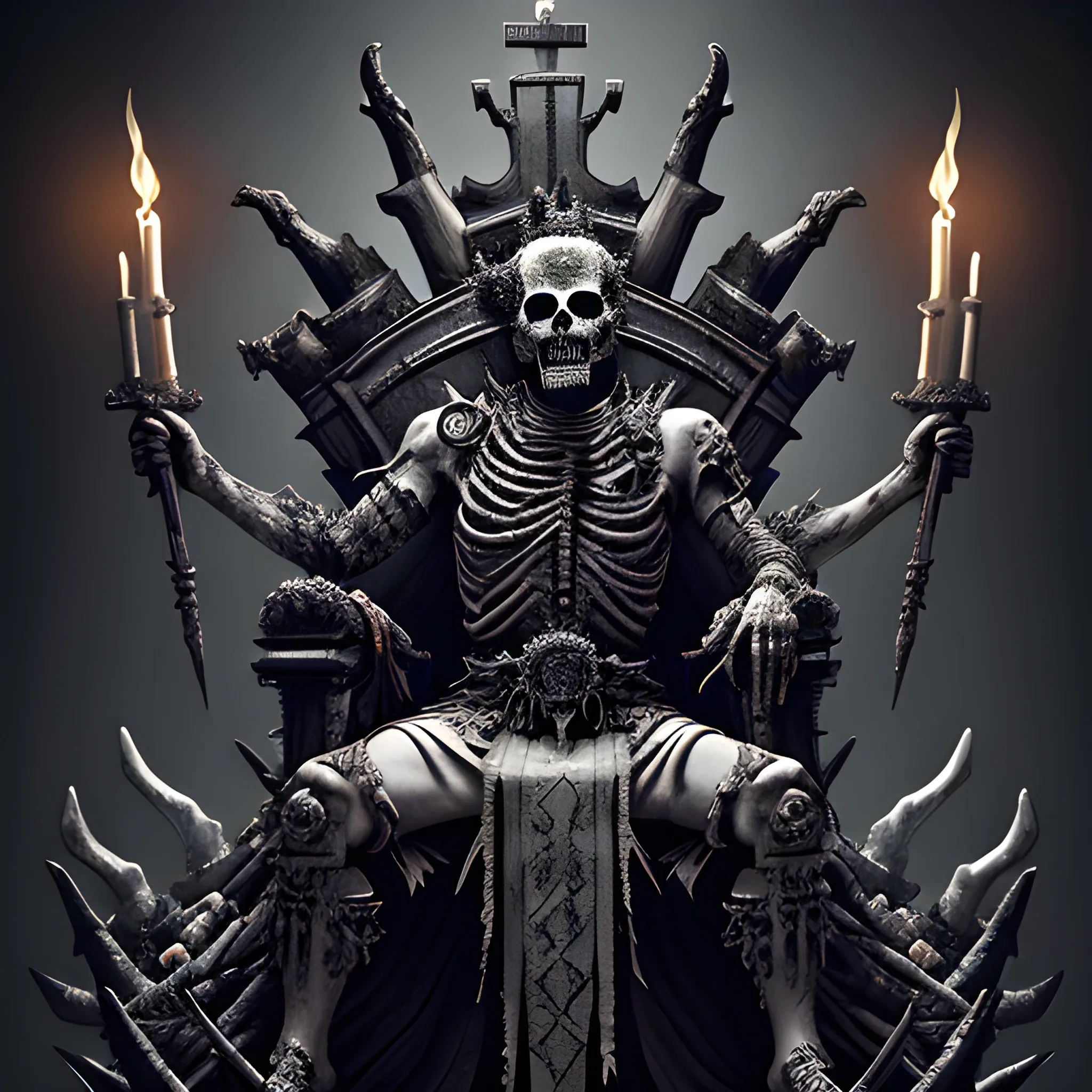 short haired demon king in crown on a throne of bones and skulls ...